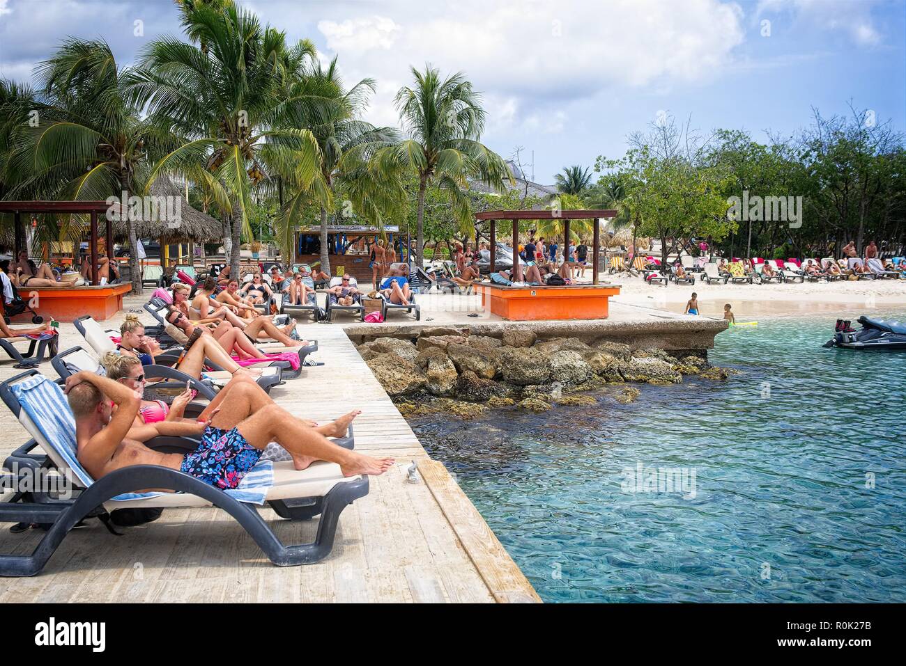 Vacationers relaxing at the JanThiel resort on the island of Curacao in ...