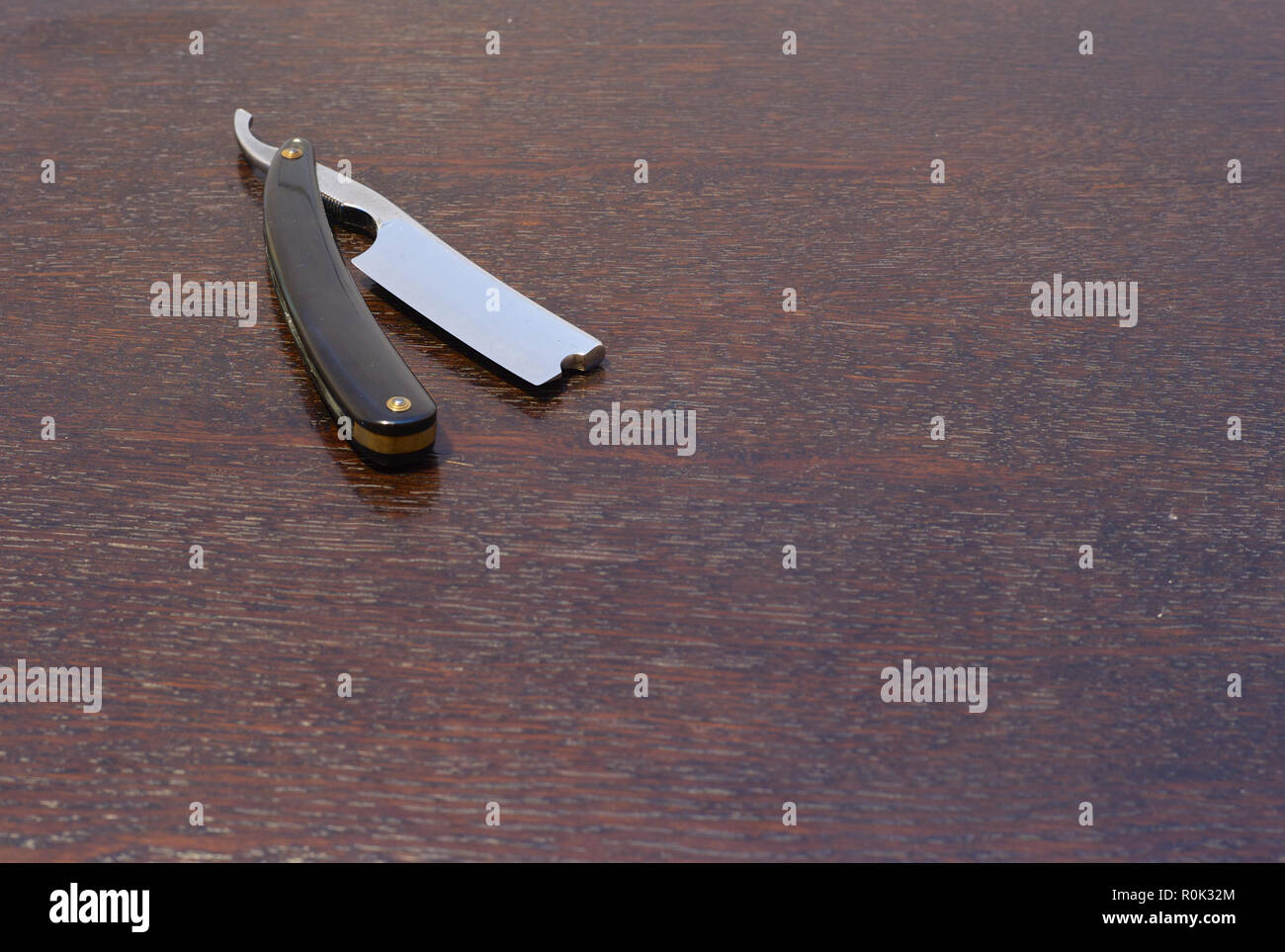 Traditional Straight Razor, Open with Black Buffalo Horn Handle Stock ...