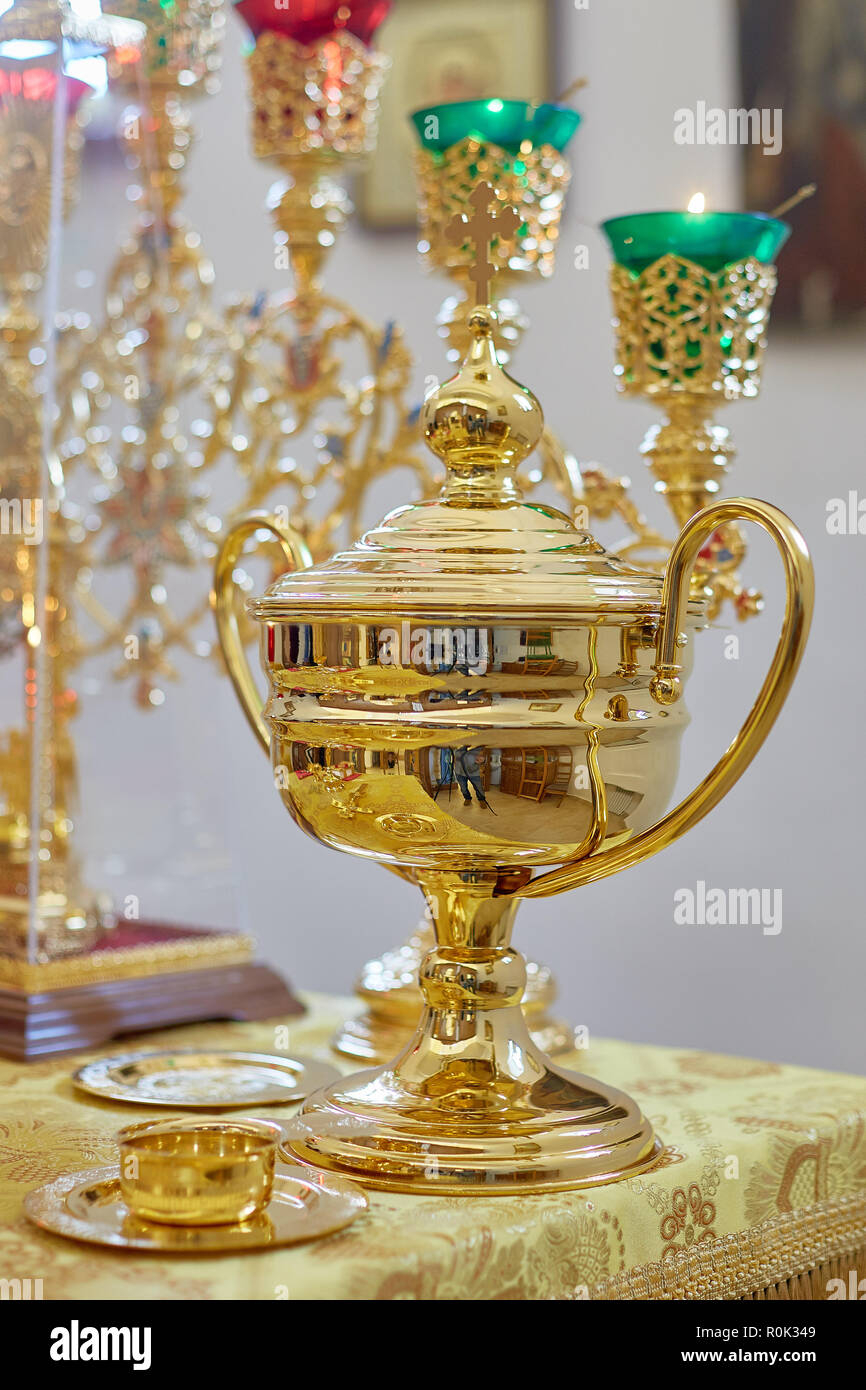 Golden religious utensils. Details in the Orthodox Christian Church ...