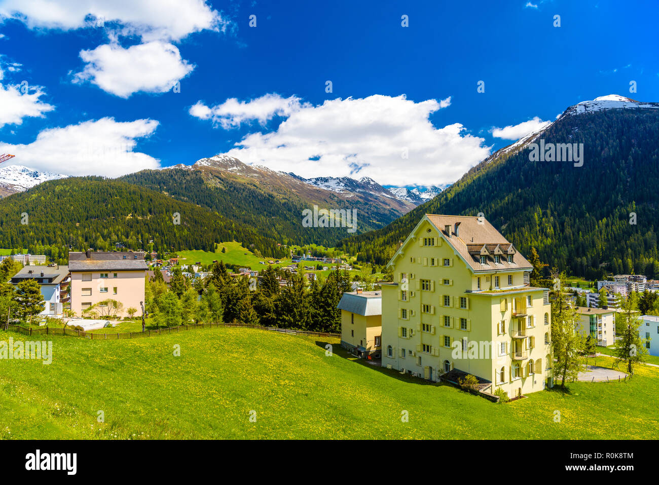 Houses in town village in Alps mountains, Davos, Graubuenden ...