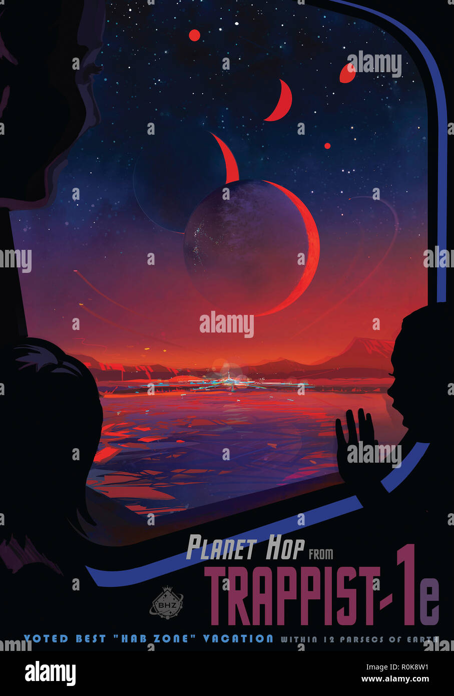Retro space travel poster of viewers observing the TRAPPIST-1e ...