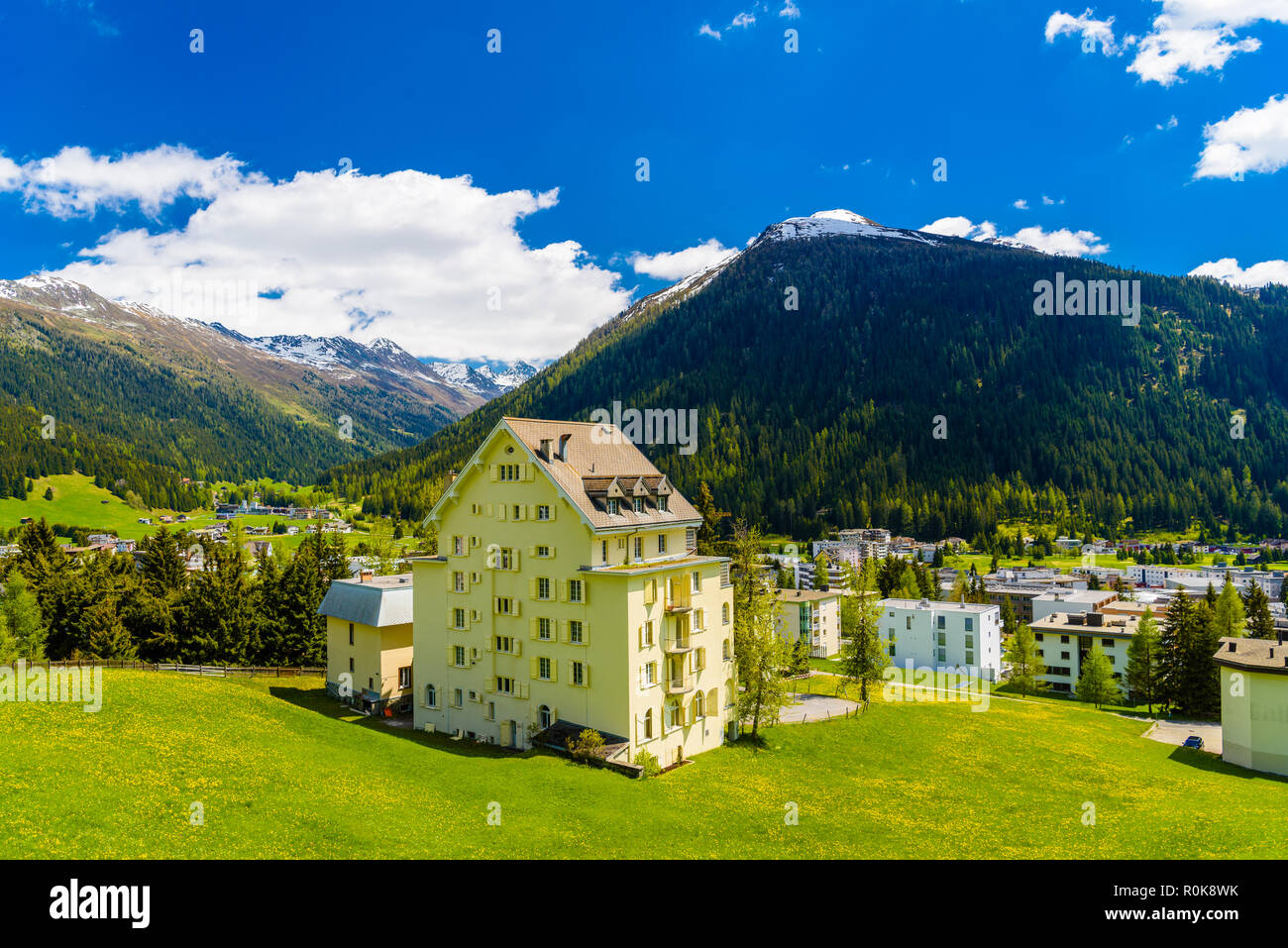 Houses in town village in Alps mountains, Davos, Graubuenden ...
