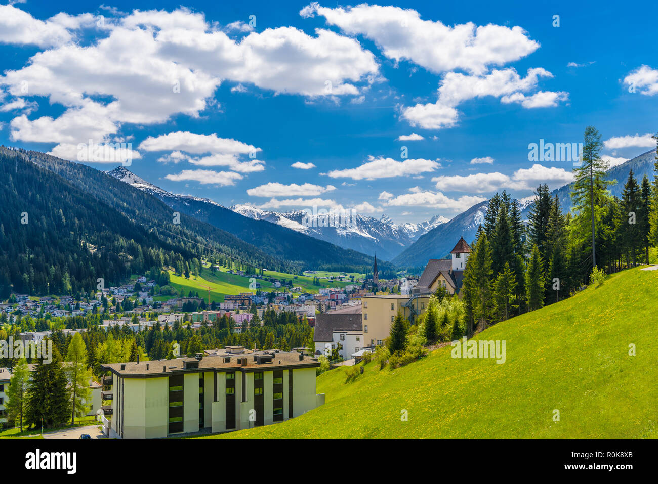 Houses in town village in Alps mountains, Davos, Graubuenden ...
