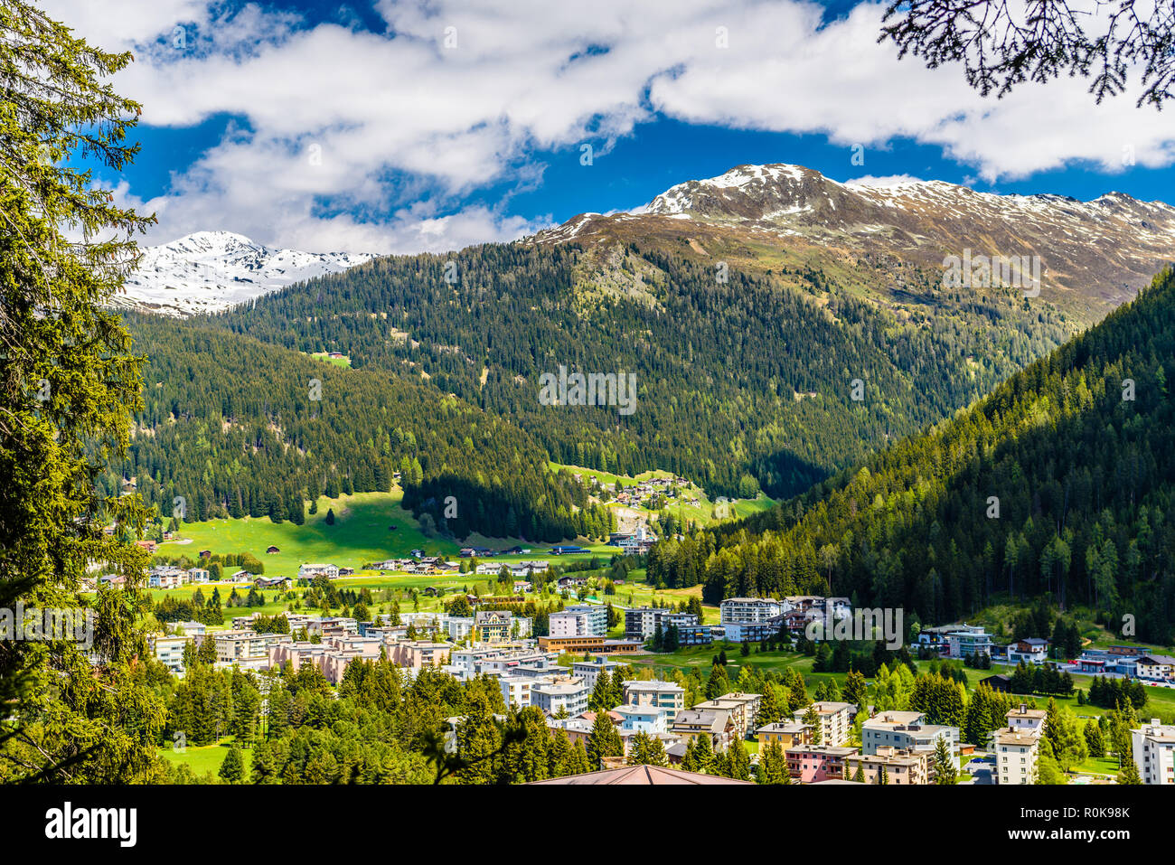 Houses in town village in Alps mountains, Davos, Graubuenden ...