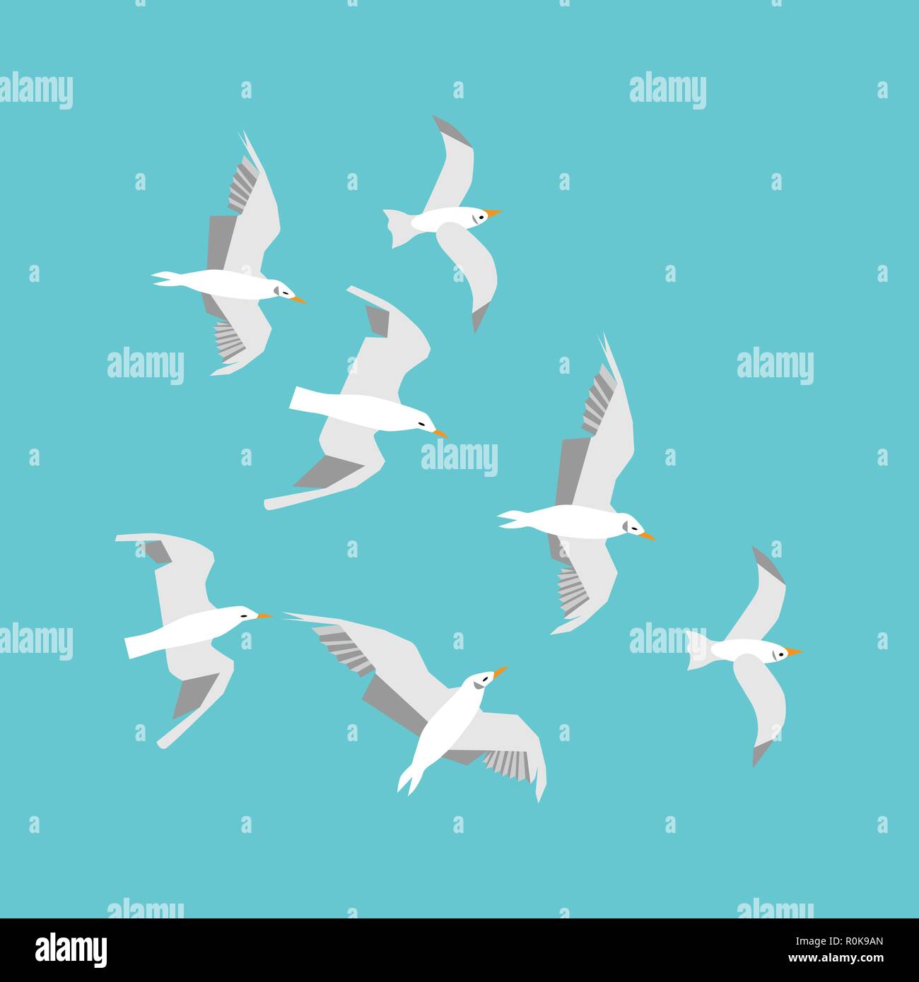 Vector set flying seagulls. Seagulls isolated on a light blue ...