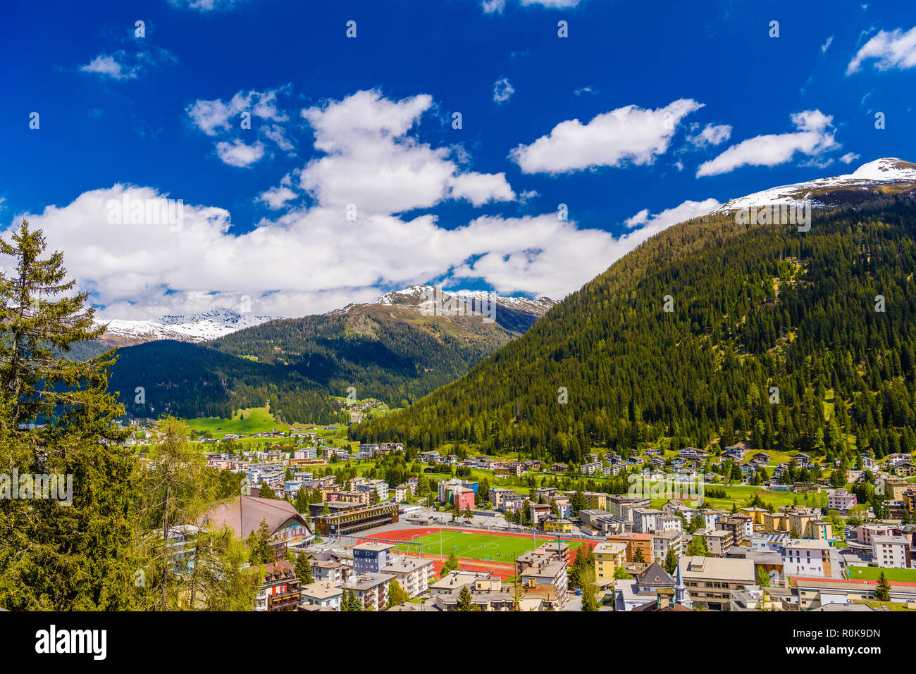 Houses in town village in Alps mountains, Davos, Graubuenden ...