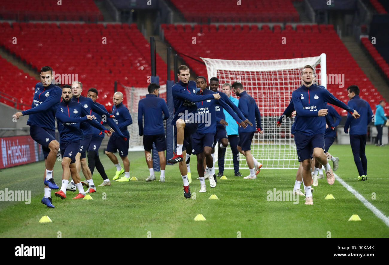 PSV Eindhoven players during a training session at Wembley Stadium ...