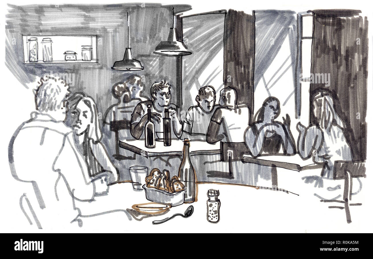 People eating and talking in a cozy restaurant by the window. Hand ...