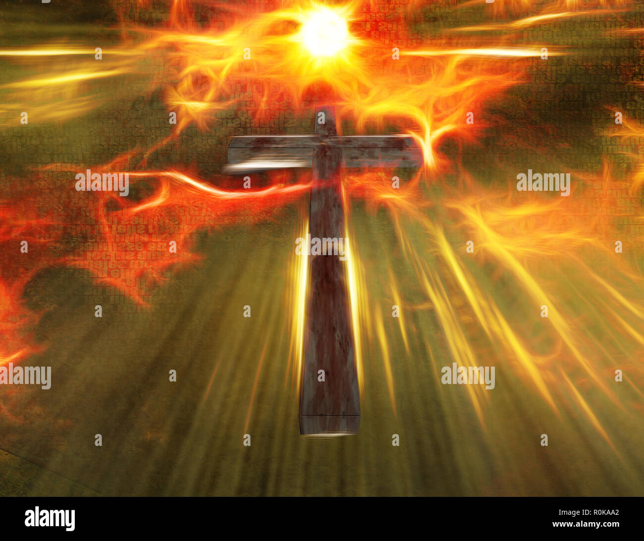 Cross hangs in sky. Shining light Stock Photo - Alamy