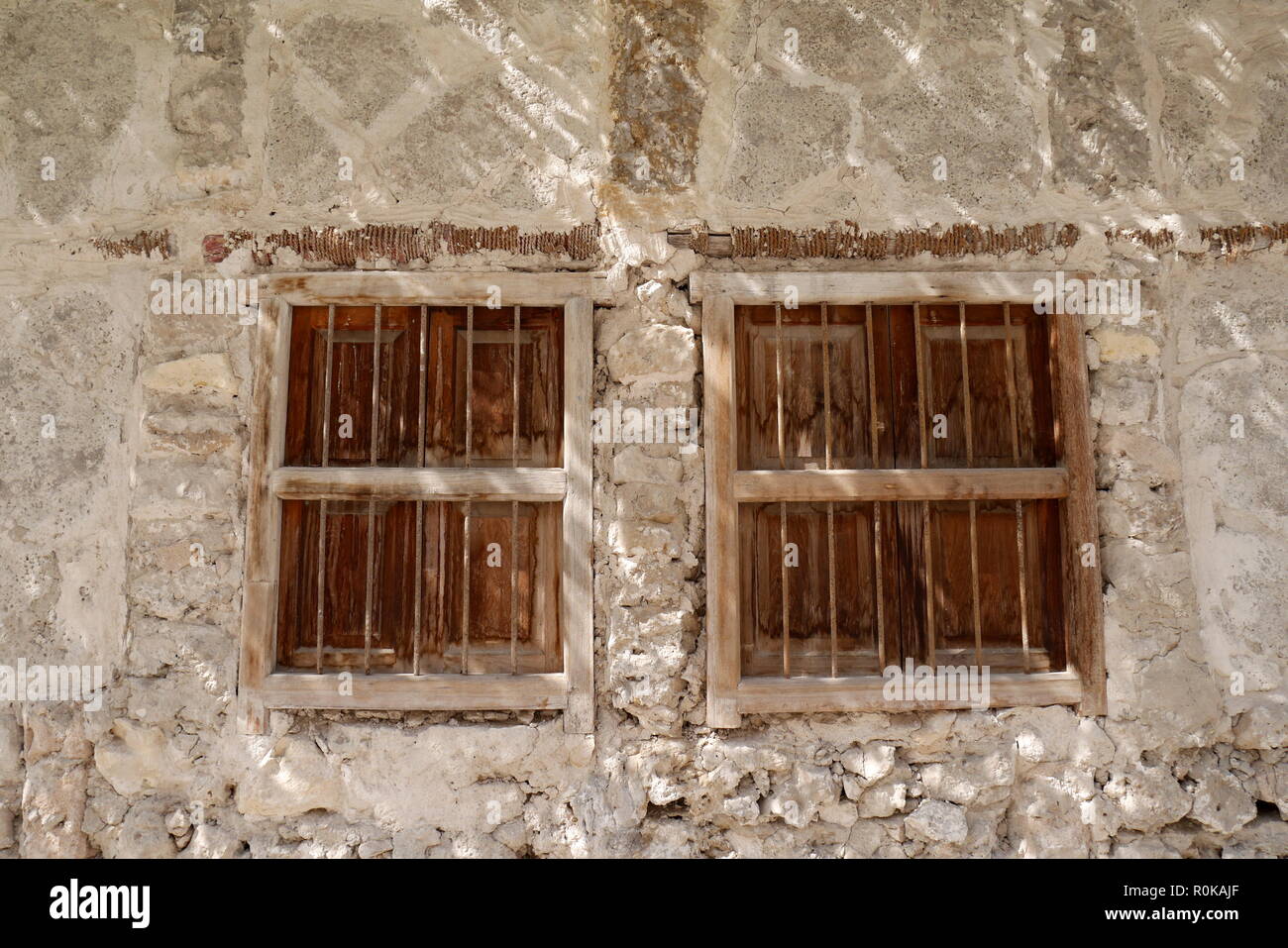 Barred windows on the Al Ghus House, located on the Bahrain Pearling ...
