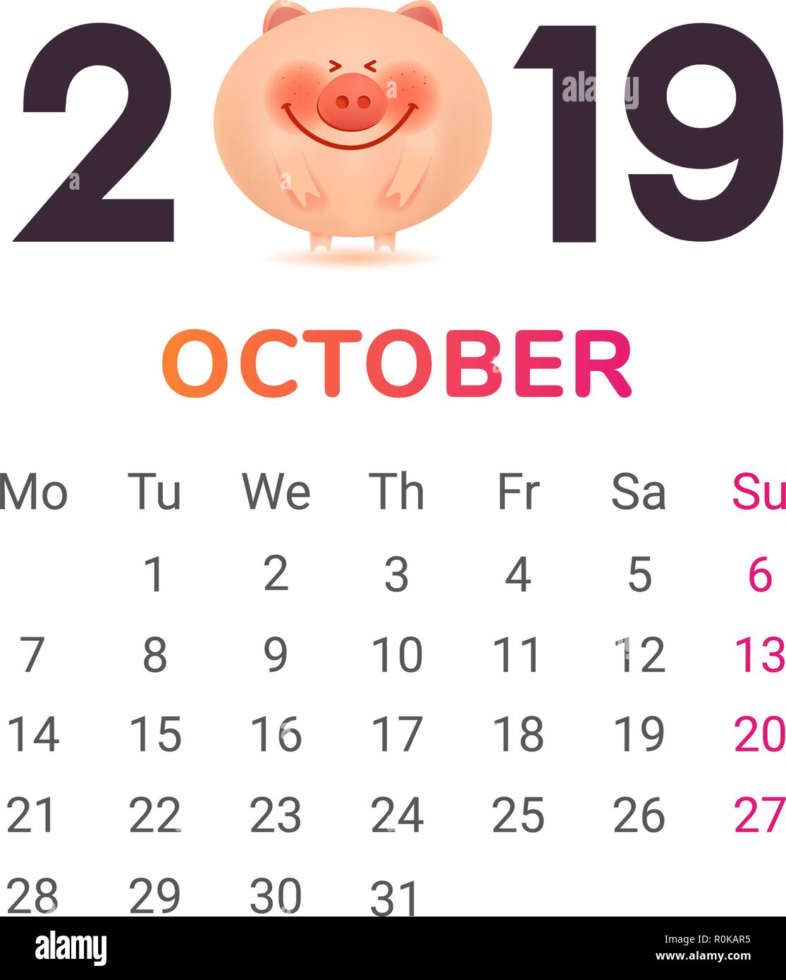 Calendar for 2019. October month. Color numbers with a jolly fat pig ...