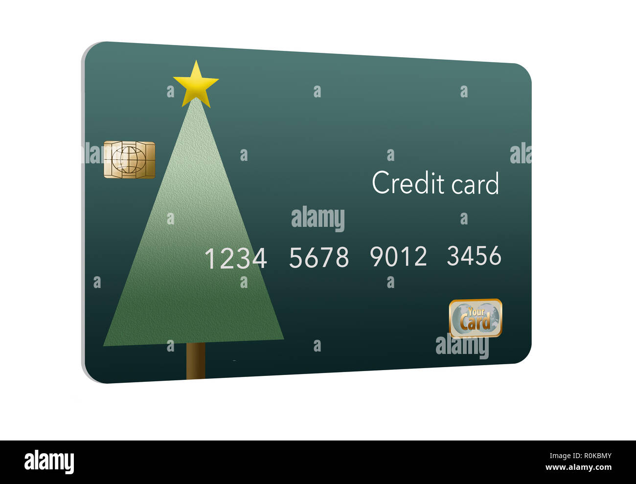 A Christmas themed credit card with a tree decorated with gold star ...