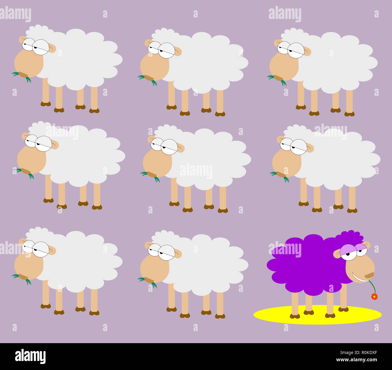 A violet sheep smile among many grey sheep: be different! Stock Photo ...