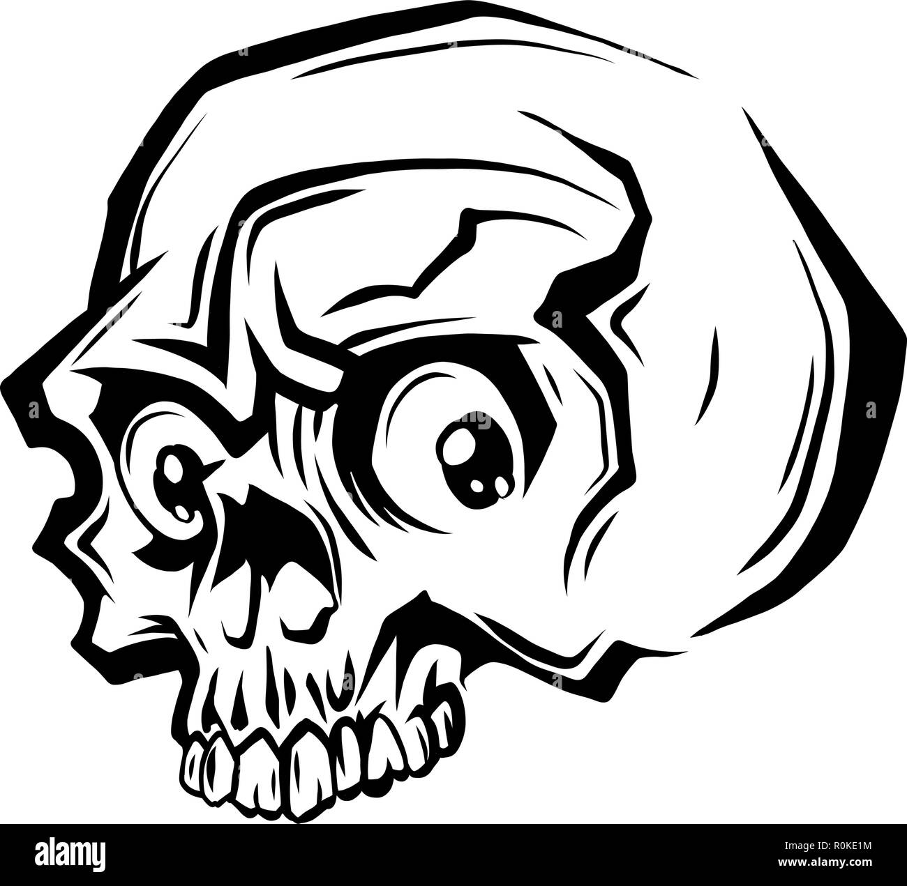 Vector black and white illustration of human skull with a lower jaw in ...