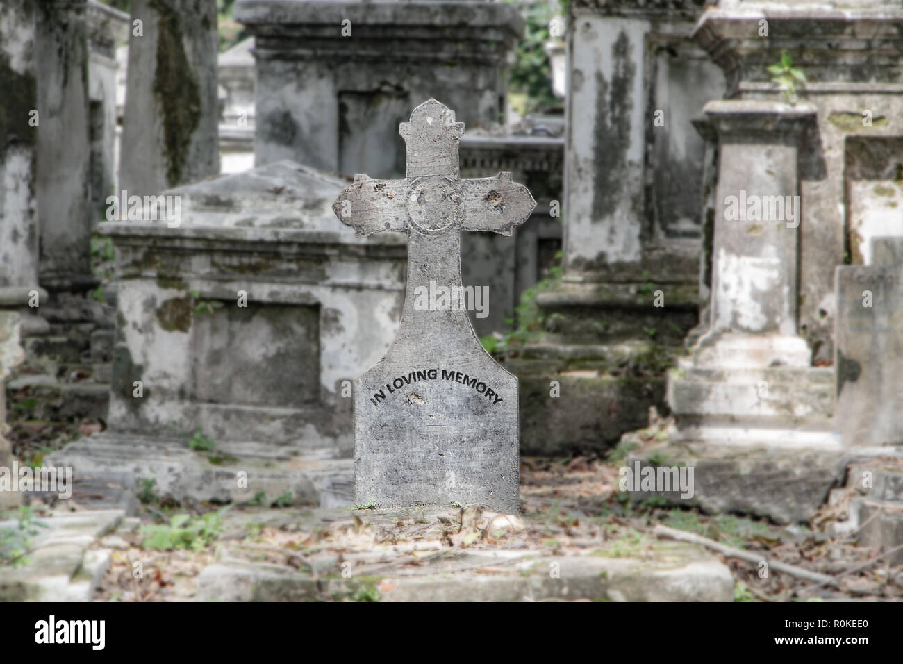 Mystery old graveyard with a group of tombstones. The ancient tombstone ...