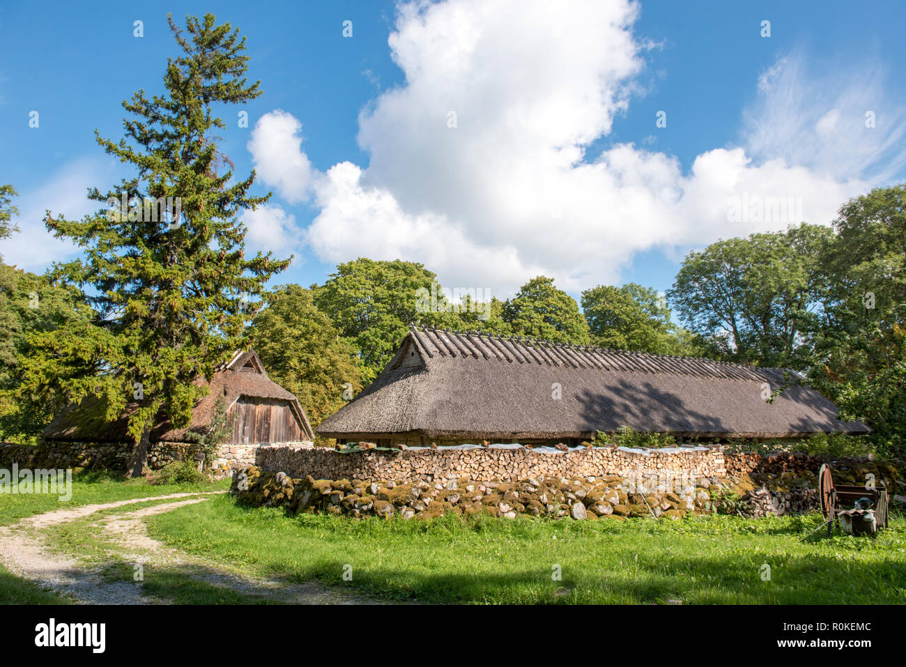 Old rustic barns covered with cane roof on Muhu island in Estonia Stock ...
