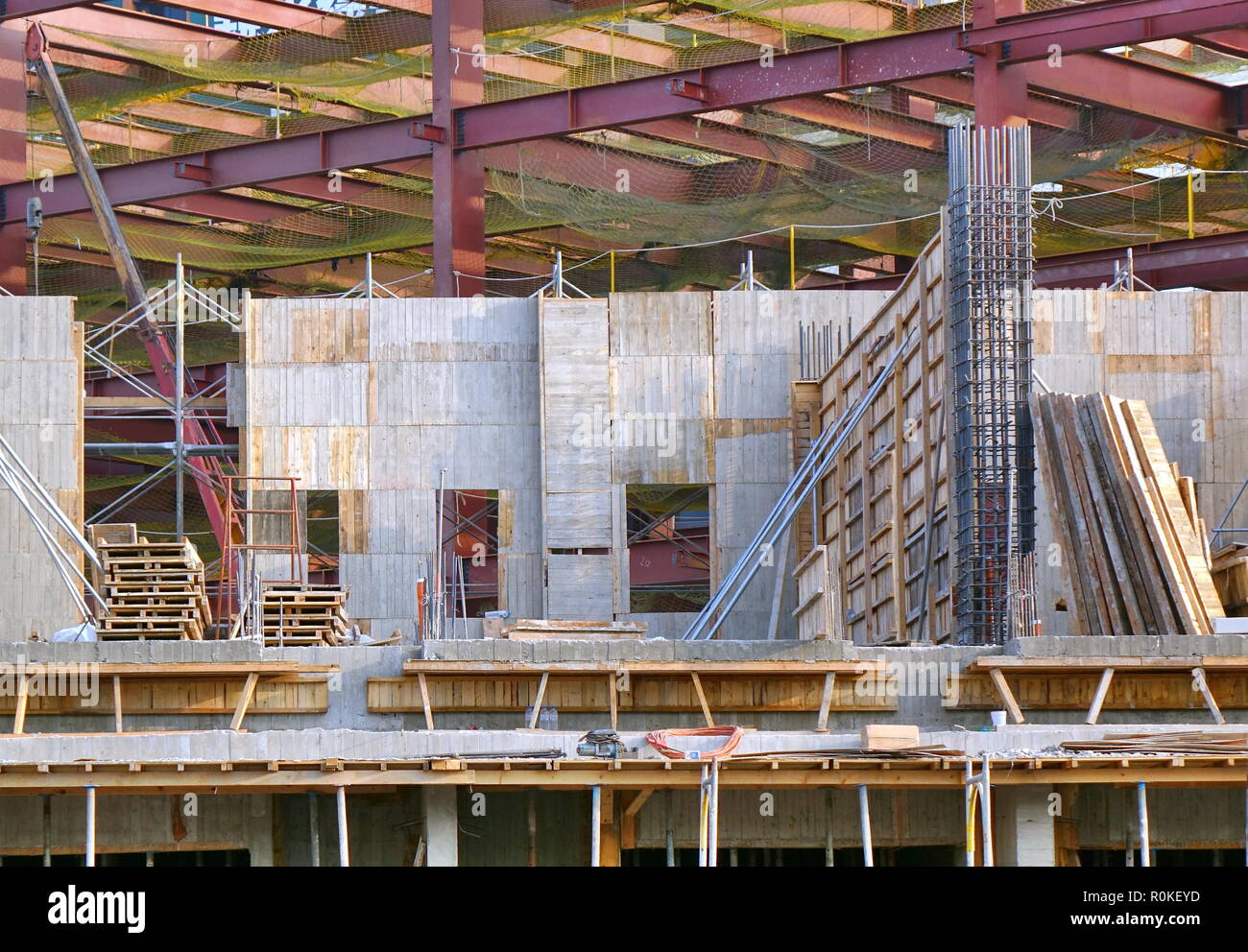 Construction site with large steel girders and timber framing Stock ...