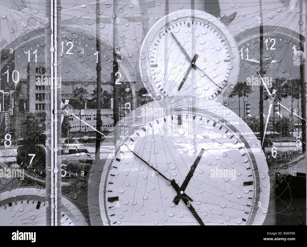 Large clocks reflecting in shop window illustrate the concept of time ...