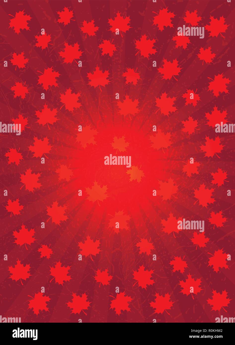 Background with symbols of Canada. Red background with center rays ...