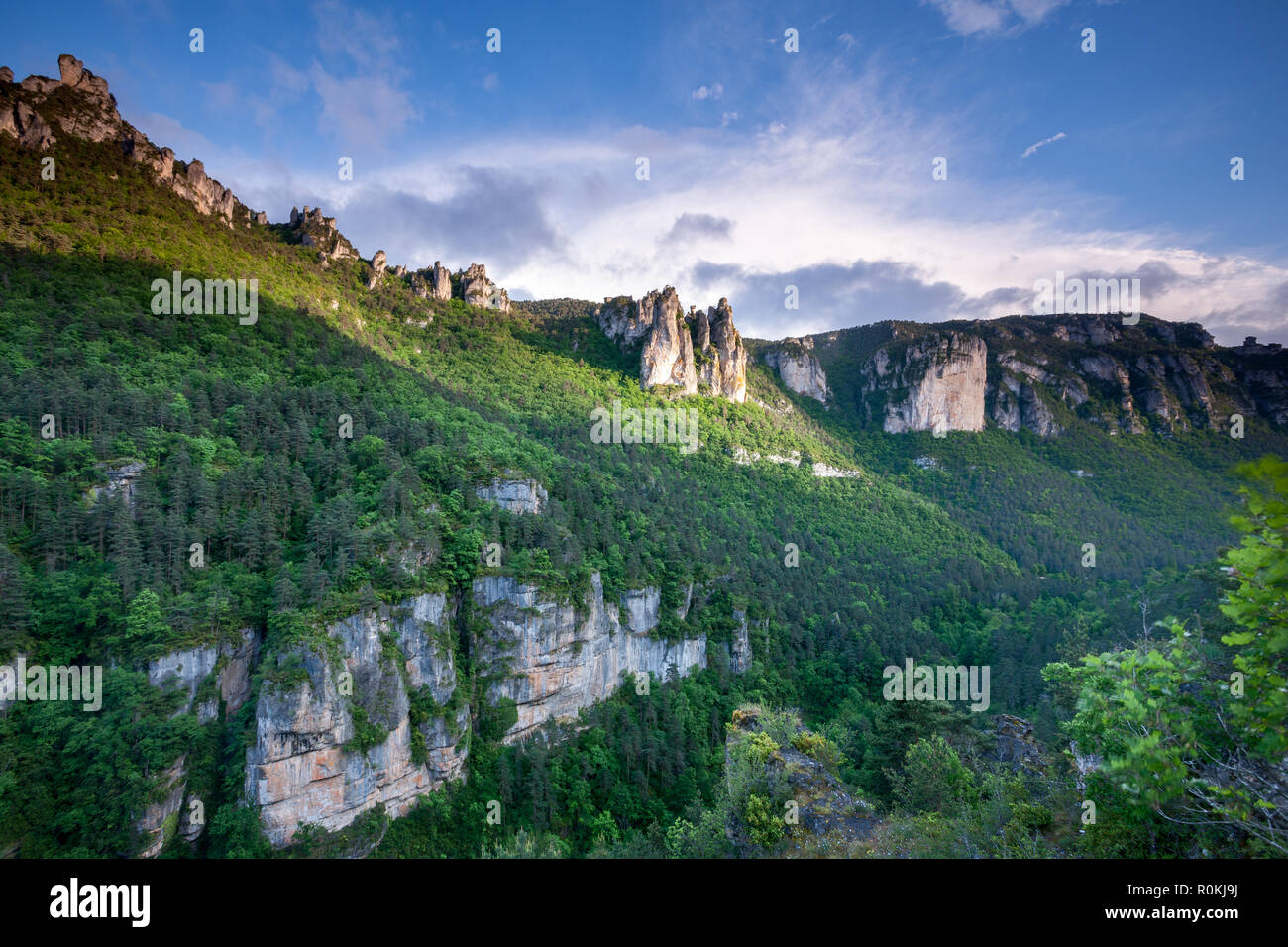 Sunset over the cliffs and valley of the Gorges du Tarn Aveyron France ...