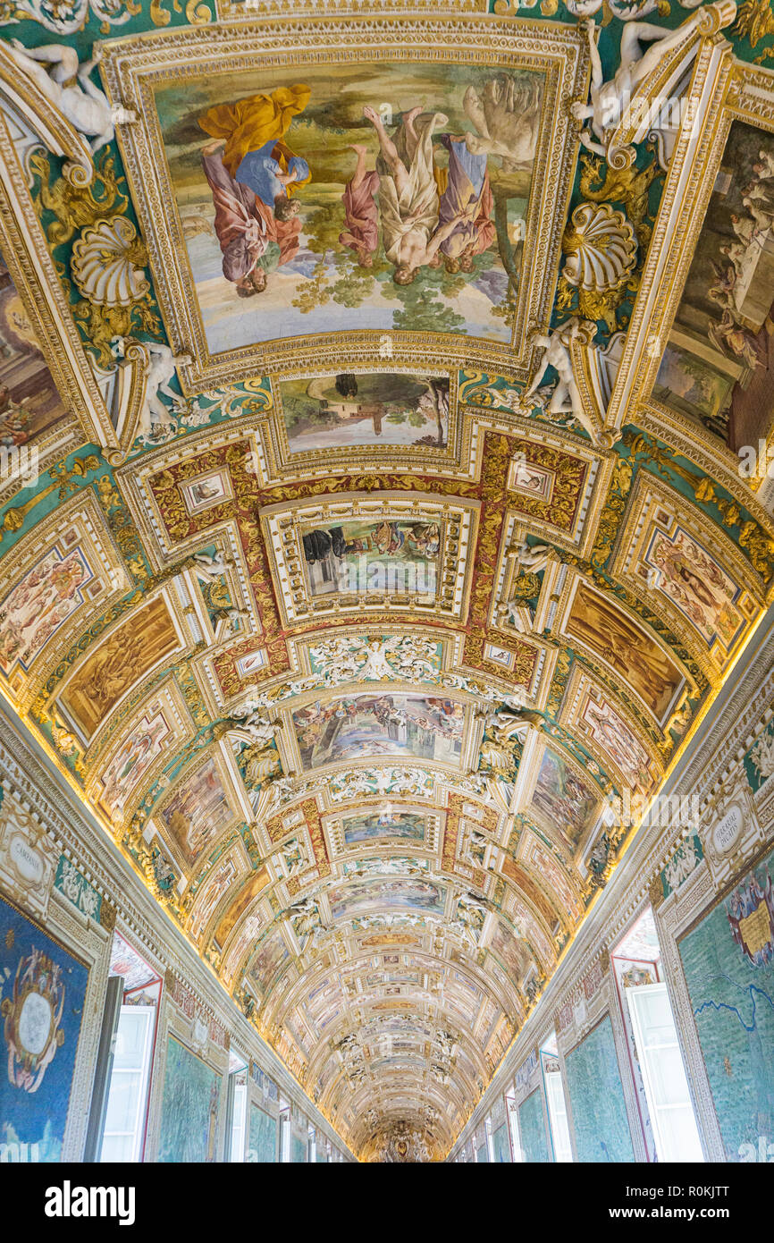 ROME, ITALY - June 21st 2018: Ornate classical paintings on the ...