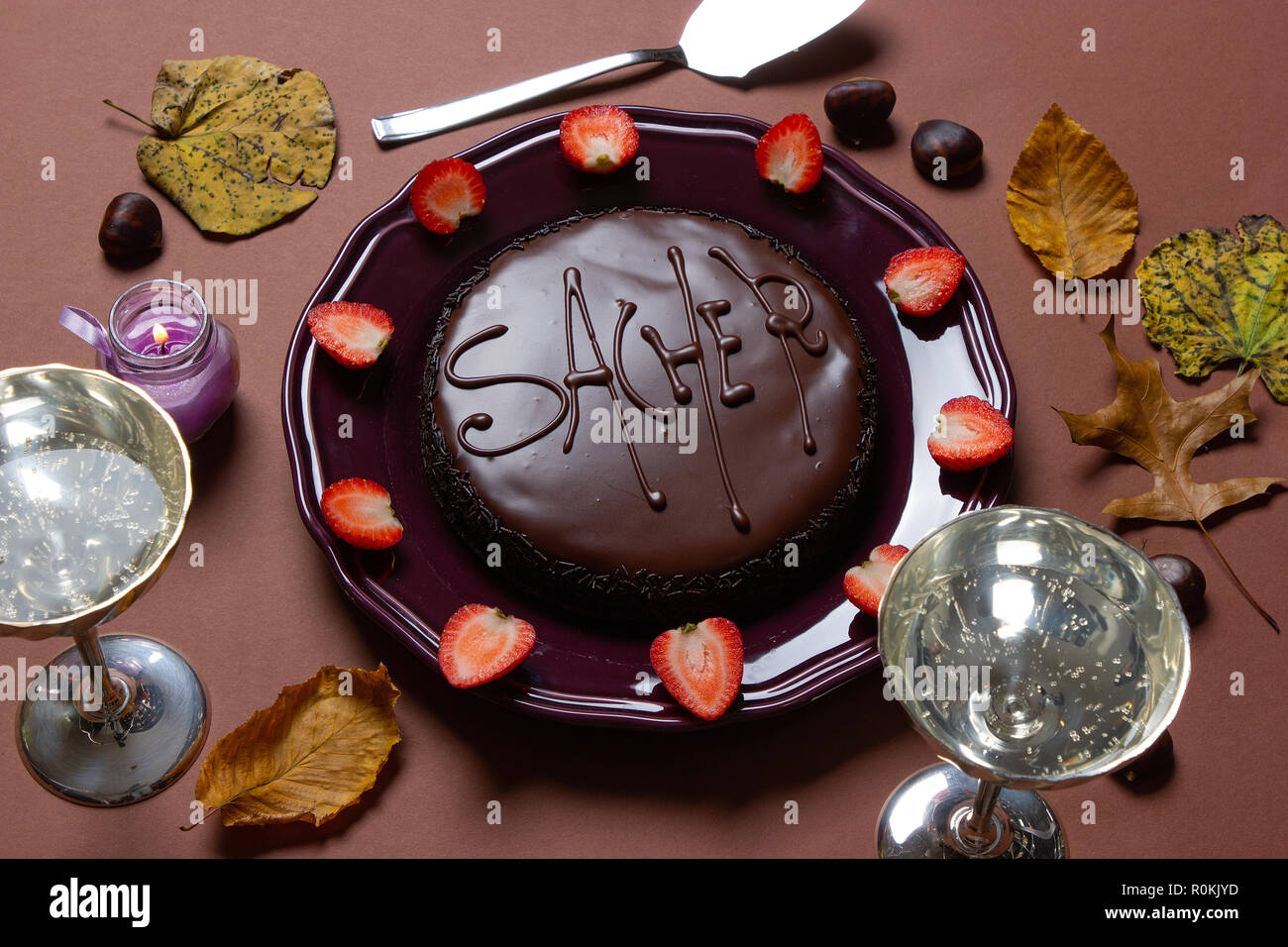 a delicious Viennese chocolate sacher cake with strawberries on plate ...