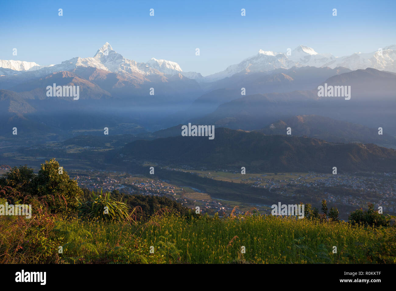 Machapuchare (Fish Tail) and Annapurna Range mountains in the Himalayas ...