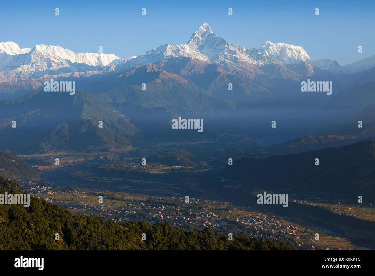Machapuchare (Fish Tail) and Annapurna Range mountains in the Himalayas ...