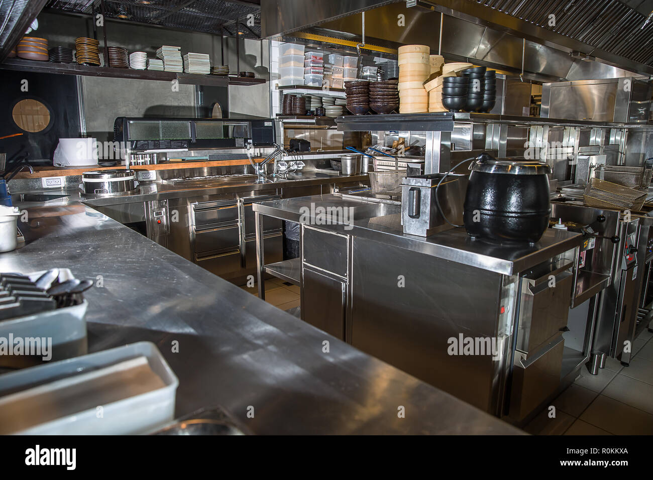 Professional kitchen, view counter in stainless steel Stock Photo - Alamy