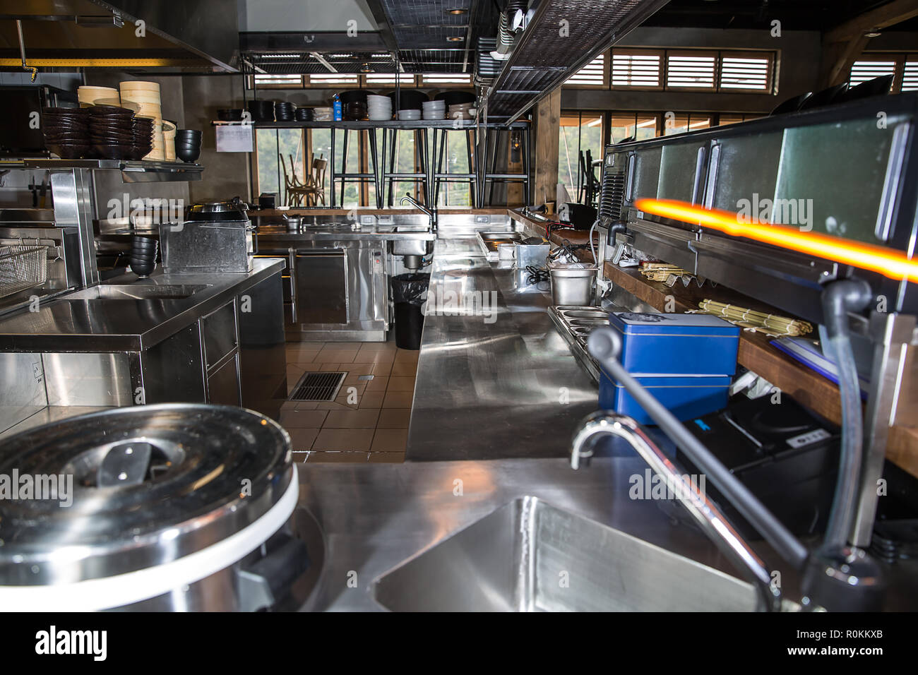 Professional kitchen, view counter in stainless steel Stock Photo - Alamy