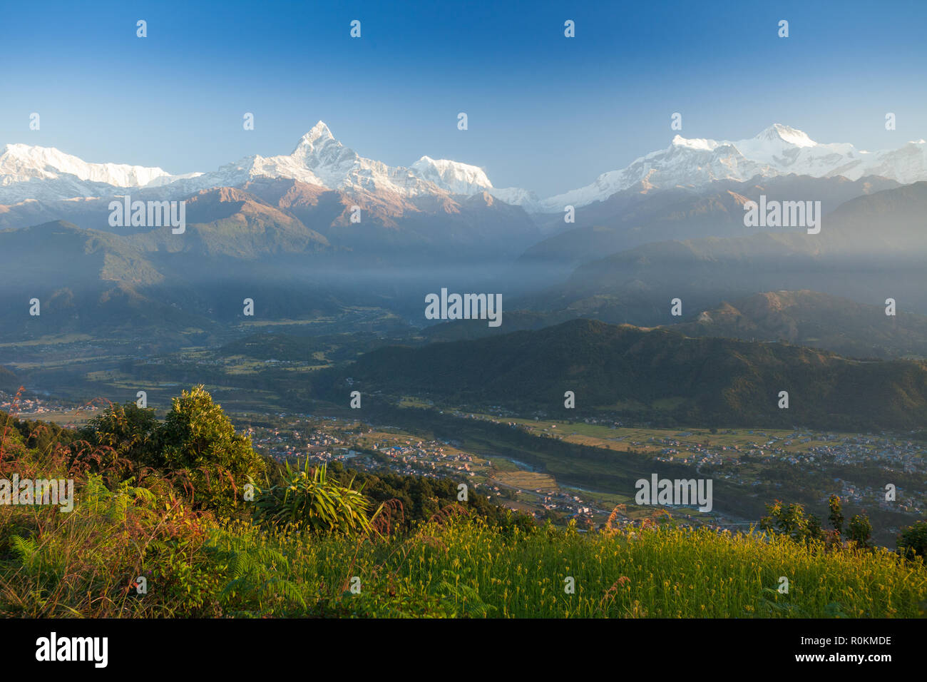 Machapuchare (Fish Tail) and Annapurna Range mountains in the Himalayas ...