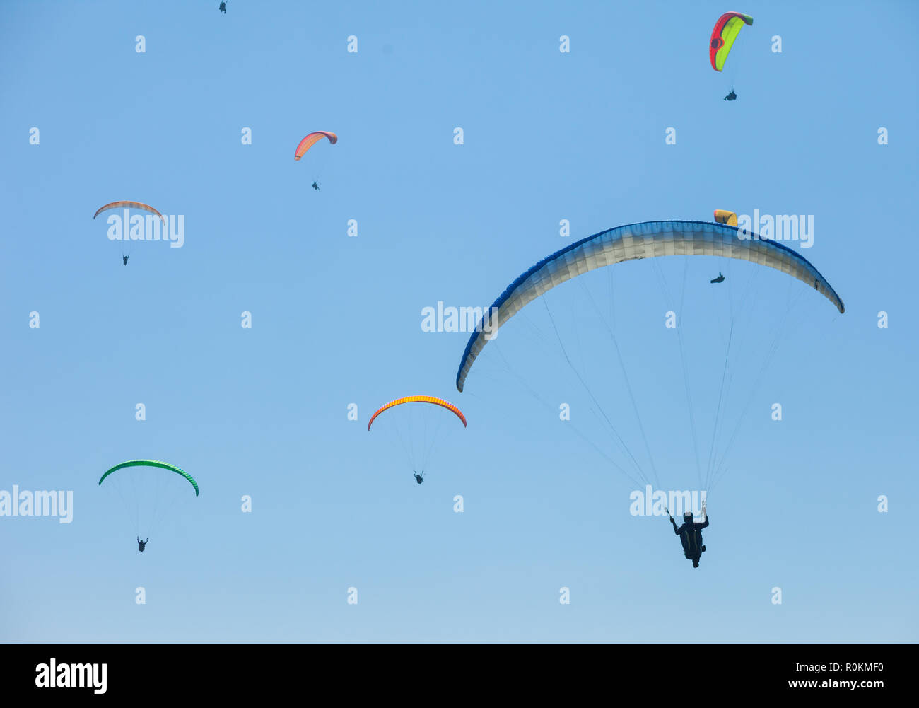 A large group of paragliders enjoy a thermal updraft in the Nepal ...