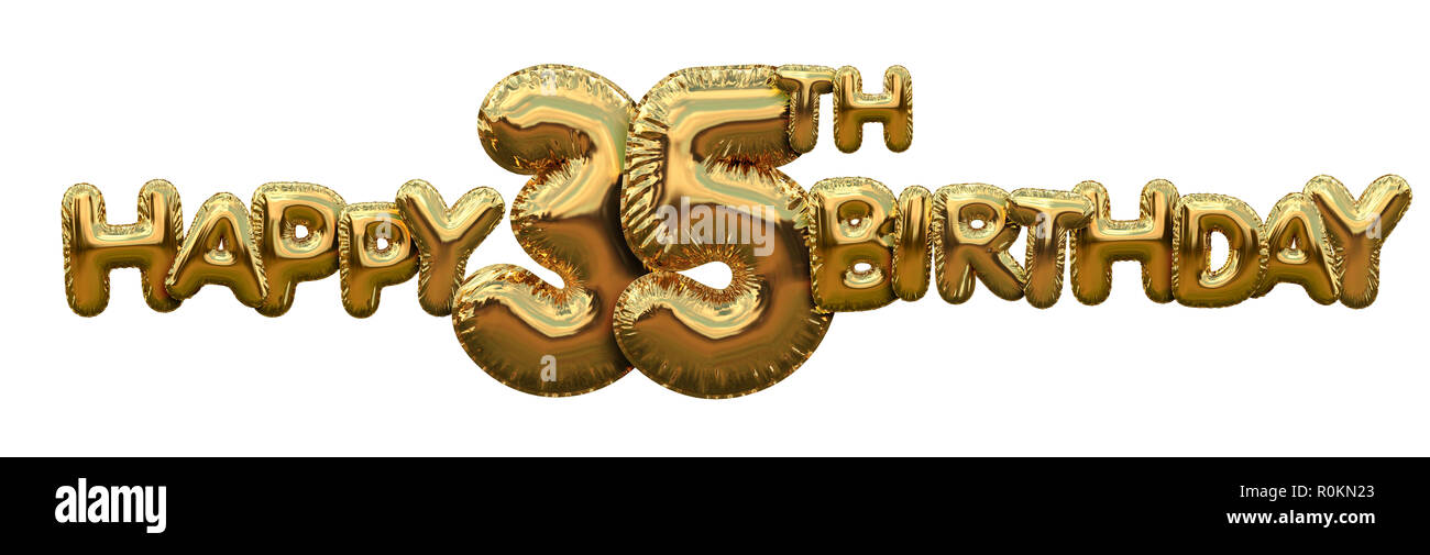 Happy 35th birthday gold foil balloon greeting background. 3D Rendering ...