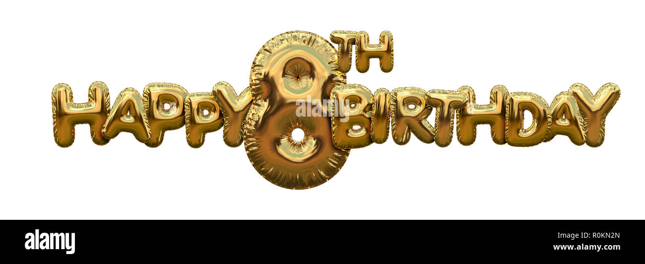 Happy 8th birthday gold foil balloon greeting background. 3D Rendering ...