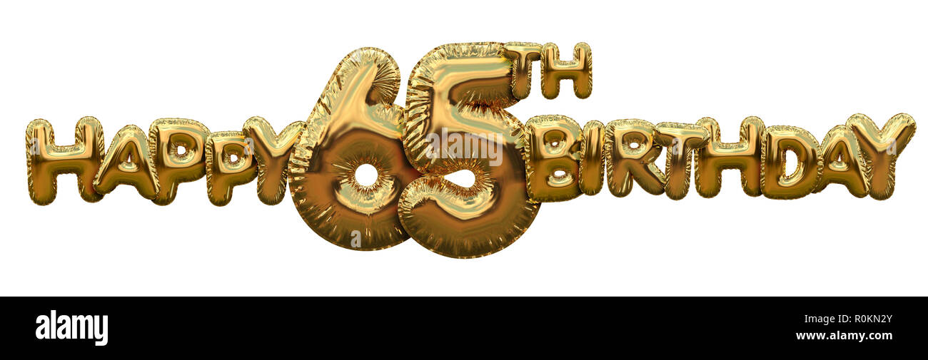 Happy 65th birthday gold foil balloon greeting background. 3D Rendering ...