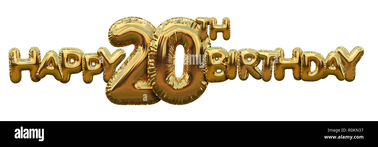Happy 20th birthday gold foil balloon greeting background. 3D Rendering ...