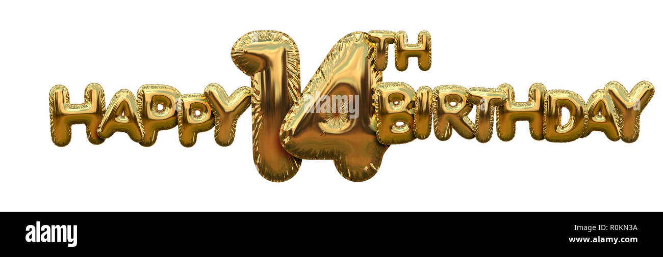 Happy 14th birthday gold foil balloon greeting background. 3D Rendering ...
