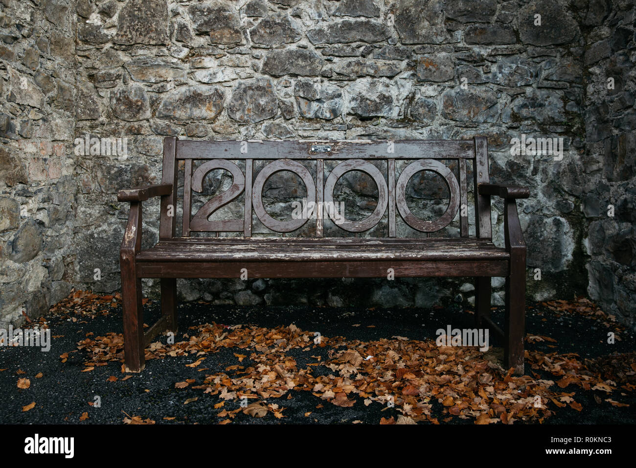 Wooden bench with number 2000 to commemorate millennium year located at ...