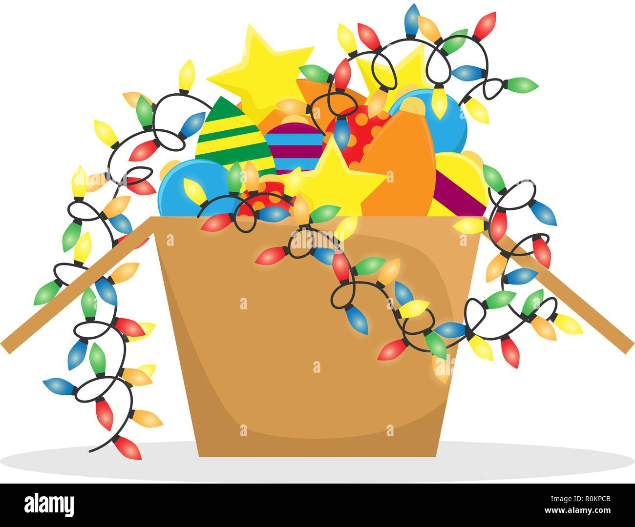 Cardboard box with Christmas decorations and glowing garland. Isolated ...