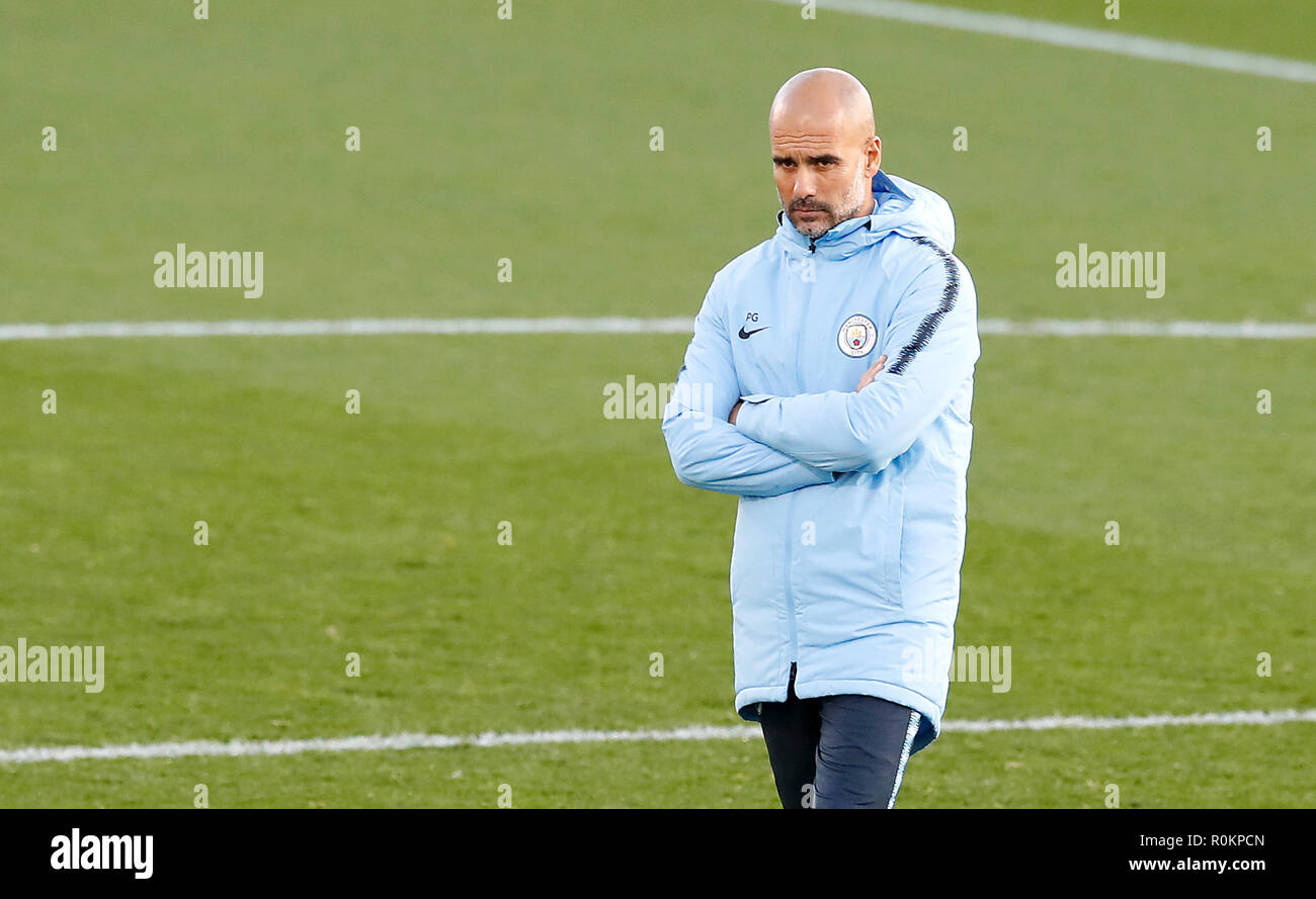 Manchester City manager Pep Guardiola looks on during the training ...