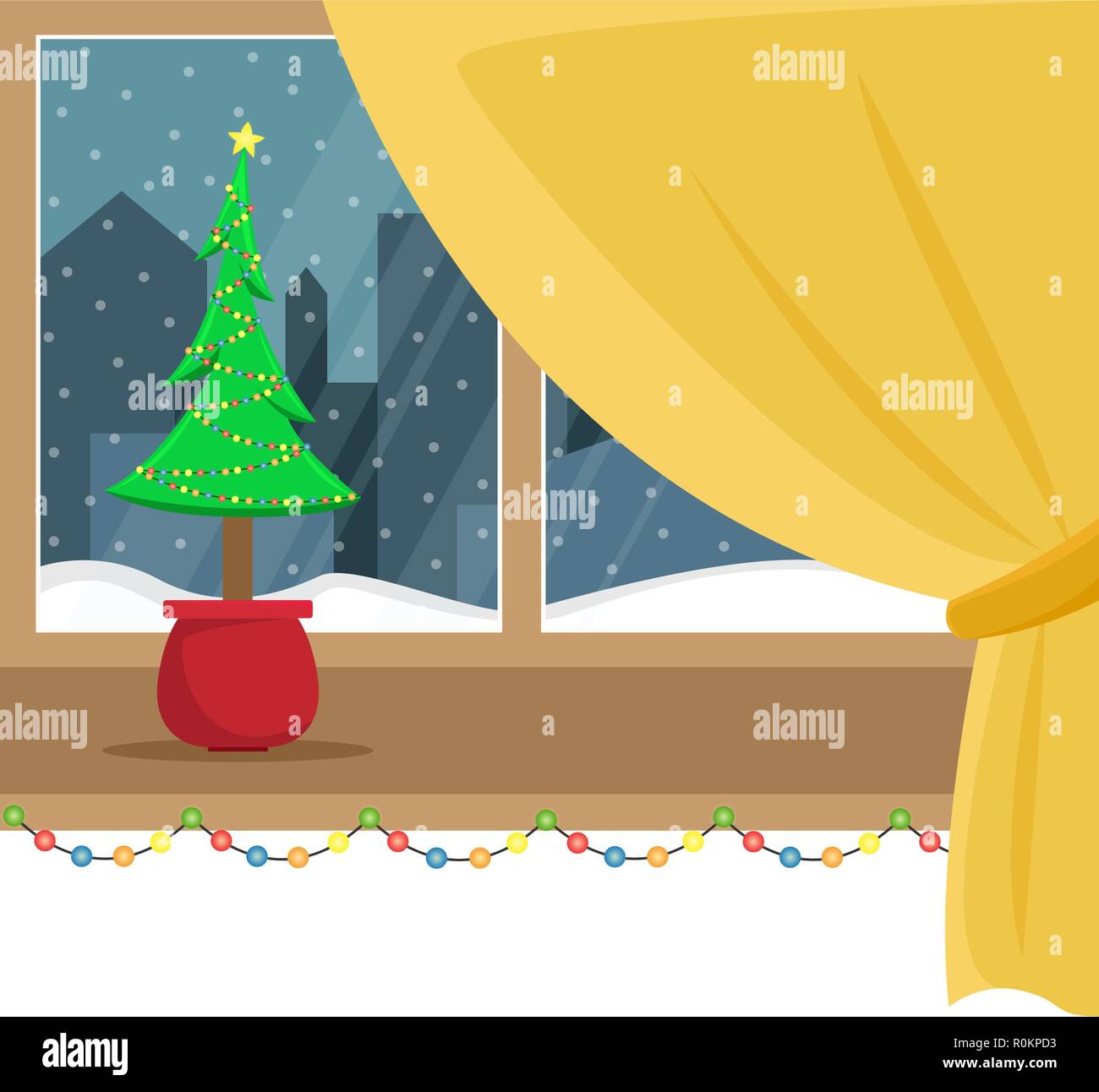 Window overlooking the snow in the night city. Christmas window with ...