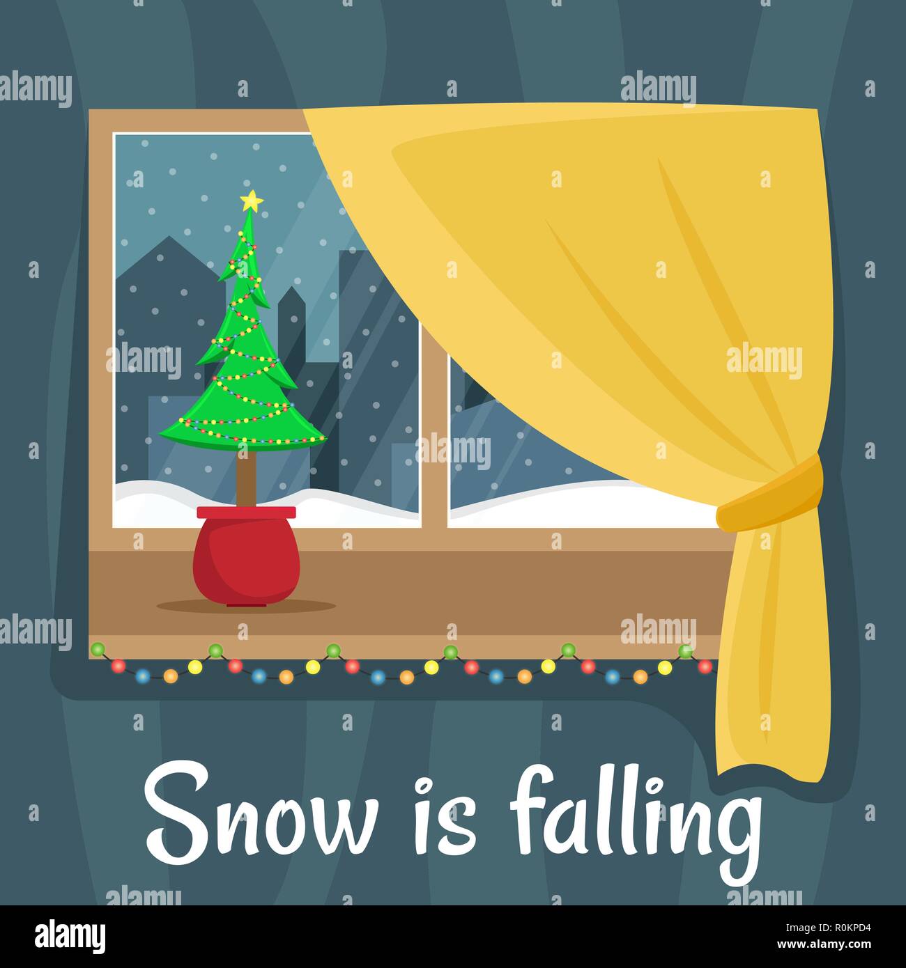 Window overlooking the snow in the night city. Christmas window with ...