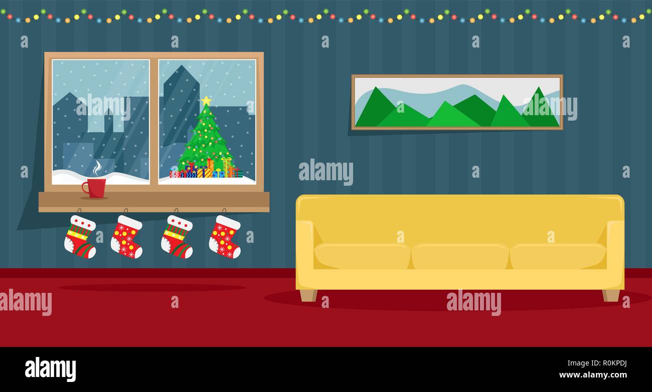 Living room decorated for the New Year. Christmas window overlooking ...