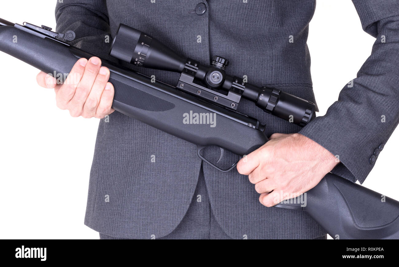 Man in suit with gun, rifle, isolated on white Stock Photo - Alamy