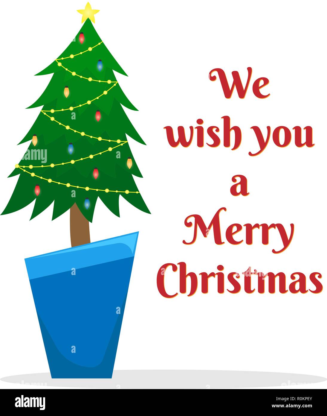 Flat illustration with decorated Christmas tree in a pot. We wish you a ...