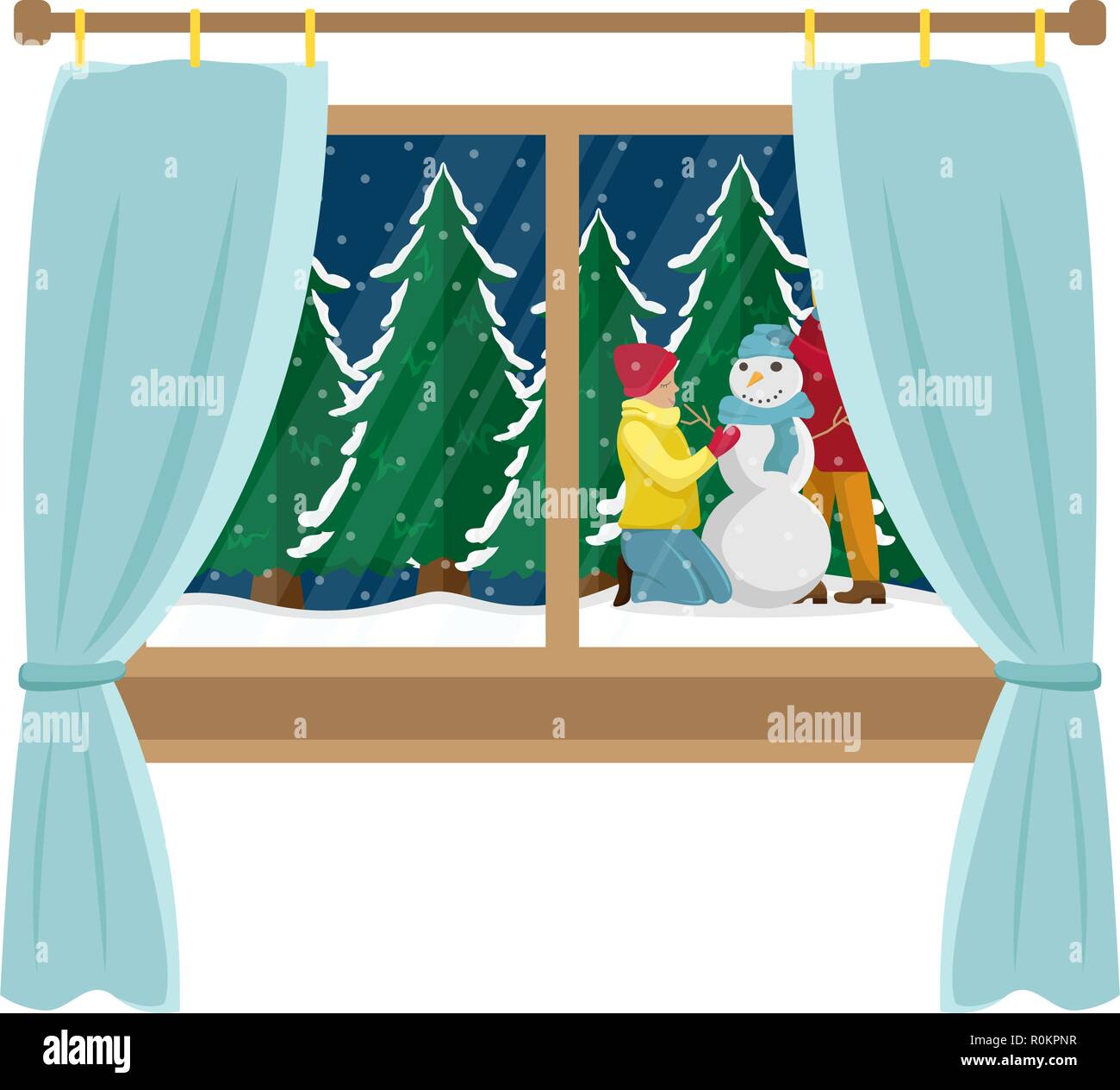 Window with the view of the family making snowman. Christmas window ...