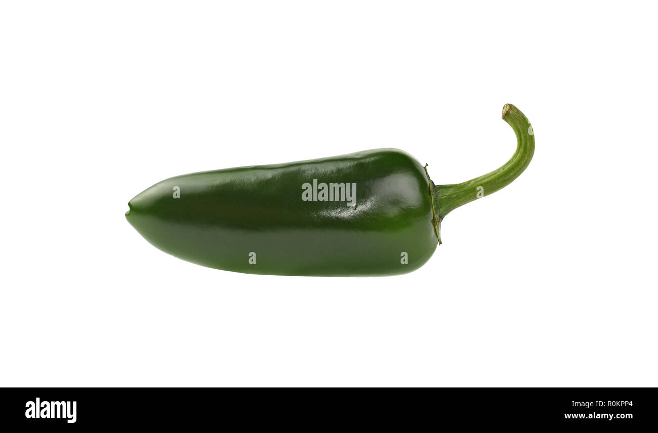 Close up one fresh green jalapeno hot chili pepper isolated on white ...