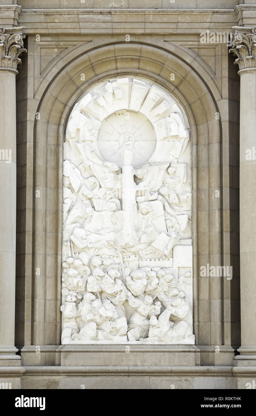 Virgin sculpture in the wall, detail of carved marble religious art ...