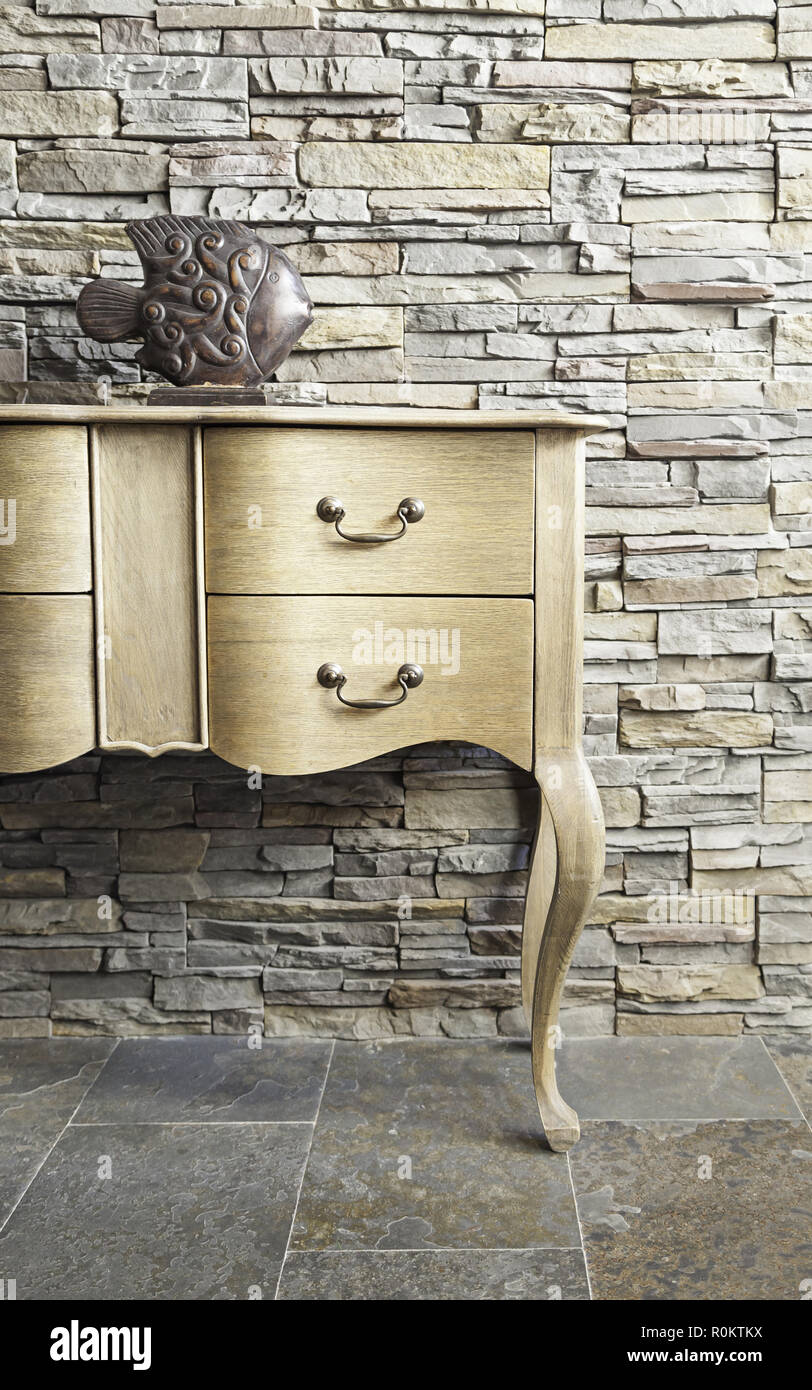 Decorating with table, detail of a wooden table inside a house Stock ...