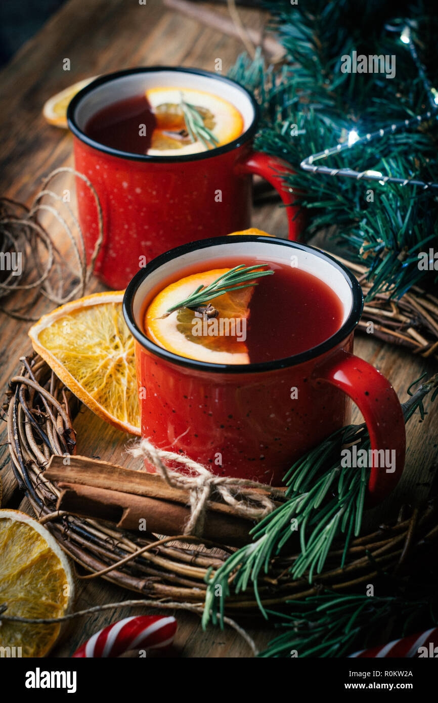 Christmas drink (winter hot drink). Mulled wine punch and spices for ...